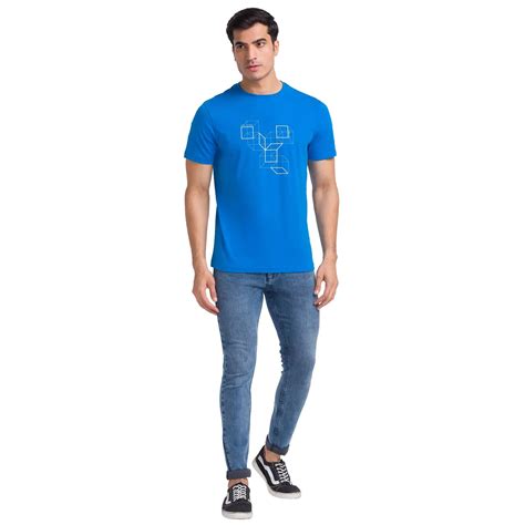 Men Blue Slim Fit Print Cotton Blend Crew Neck Collar T Shirt Myraymond