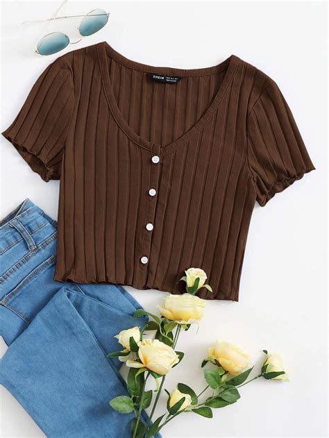 Button Up Rib Knit Crop Top Shein Usa Rib Knit Top Knit Crop Top