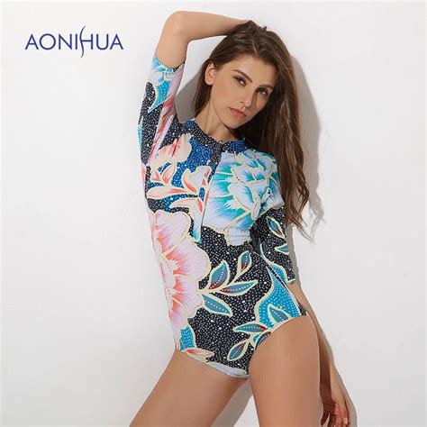 Aonihua Print Floral One Piece Swimsuits Women Design Middle Sleeves