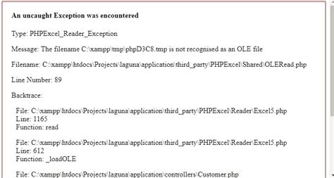 javascript phpexcel reader exception recognised as an ole file