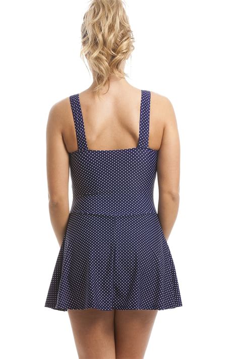 Stylish Figure Flattering Navy Polka Dot Skirted Swimsuit