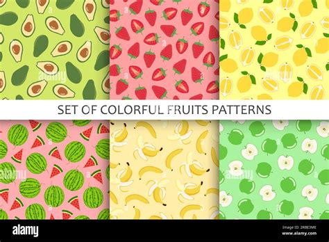 Collection Of Bright Seamless Fruits Patterns Hand Drawn Design