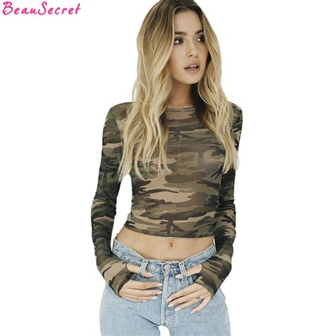 Sexy Crop Top Women Camouflage T Shirt Elastic Mesh Fabric See Through