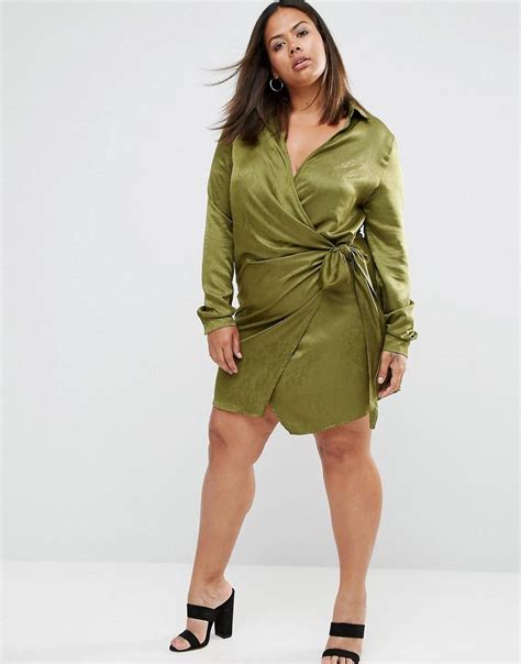 Image 4 Of Missguided Plus Size Satin Wrap Tie Detail Dress Plus Size