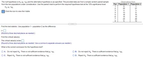 Solved The Null Hypothesis Is H0 μ1 μ2 And The Alternative