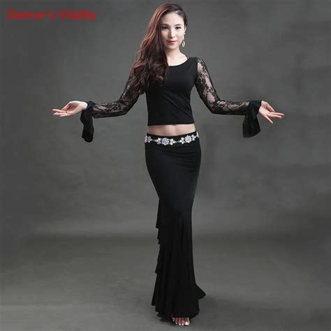 2018 New Performance Belly Dance Long Skirt Lace Stitching Top Long