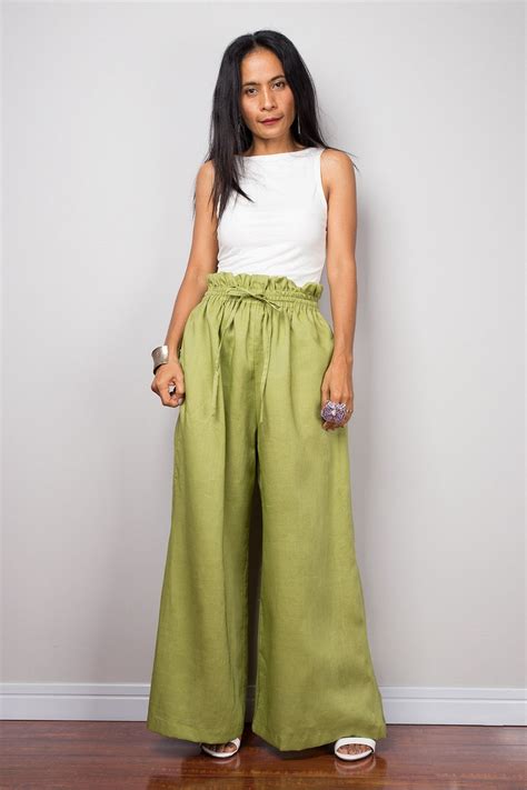 Green Linen Trousers Handmade Long Wide Leg Palazzo Pants Etsy