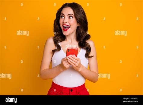 Photo Of Funky Millennial Lady Open Mouth Hold Telephone Look Side