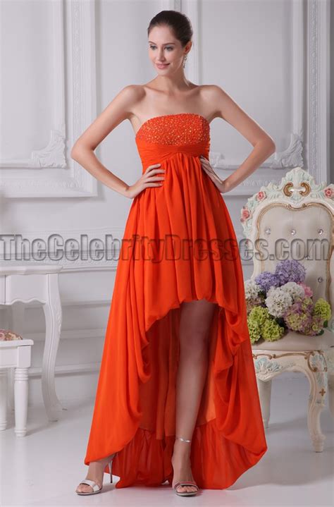 Orange Red Strapless High Low Prom Gown Evening Dresses
