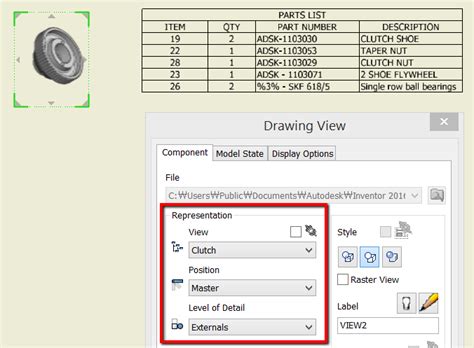 creating parts list based on view representation or level of detail in