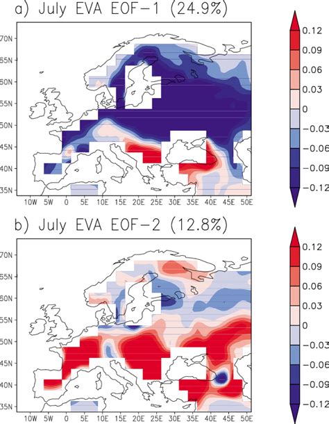 Spatial Patterns Mm D Of The First Two Eof Modes Of July Evaporation