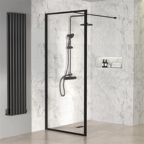 Grade A1 Black 700mm Framed Wet Room Shower Screen With Wall Support