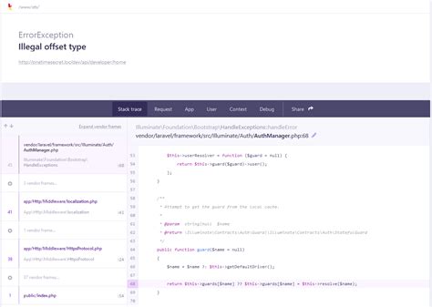 php laravel auth middleware throws illegal offset type exception