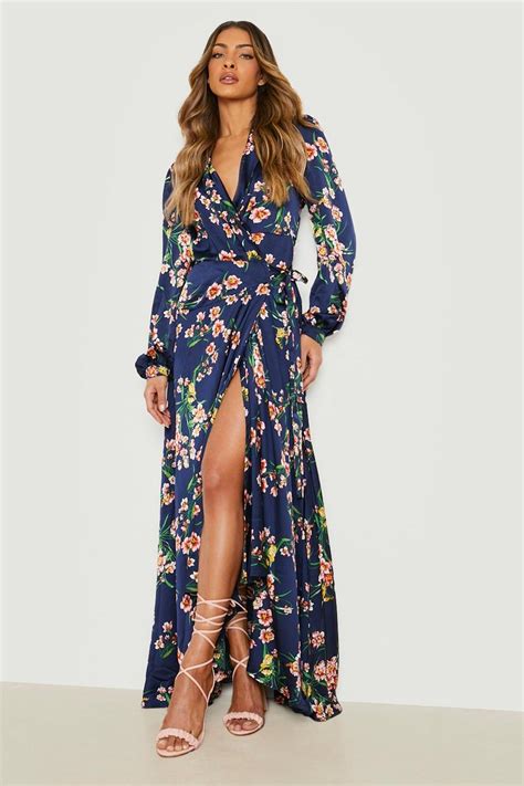 Floral Ruffle Satin Wrap Maxi Dress Boohoo
