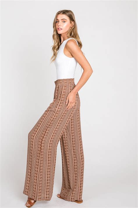 Boho Print Wide Leg Pants With Elastic Waistband