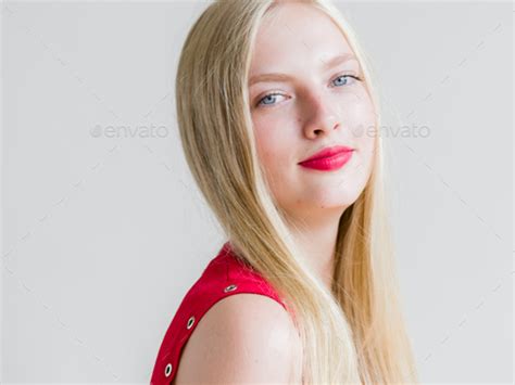 Nice Woman In Red Dress Blonde Short Hair Fashion Female Portrait Cute