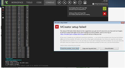 installation problem buİld successful but setup failed mcreator