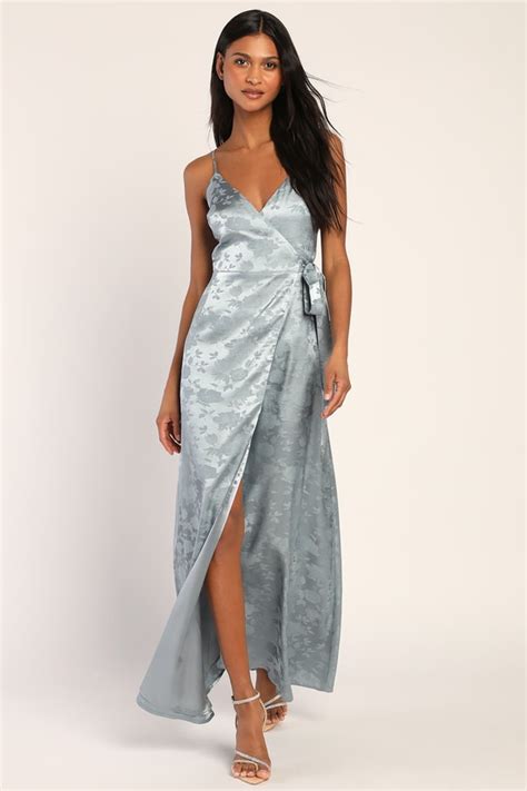 Slate Blue Floral Maxi Dress Jacquard Satin Dress Wrap Dress Lulus