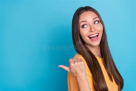 Portrait Of Gorgeous Ecstatic Girl With Straight Hairdo Wear Yellow T