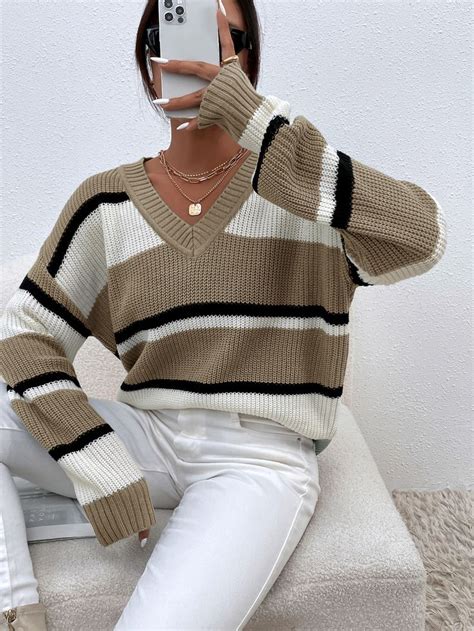 Striped Pattern Colorblock Drop Shoulder Sweater Trendy Outfits
