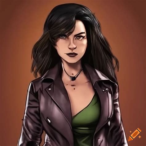 Character Of A Dark Haired Girl With Hazel Eyes And Leather Jacket On
