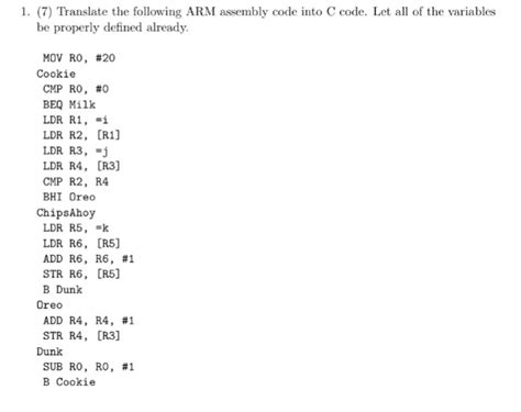 solved translate the following arm assembly code into c