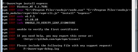 node js in windows npm install express failed unable