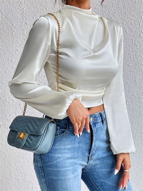 Shein Privé Mock Neck Lantern Sleeve Satin Blouse Shein Uk