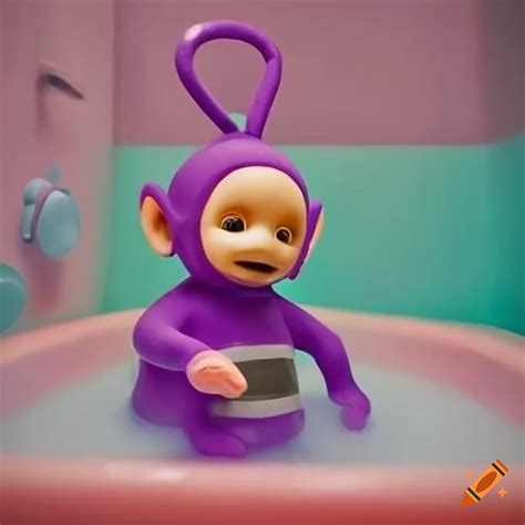 Teletubbies Having Fun In A Colorful Bathroom With Rubber Ducks In A