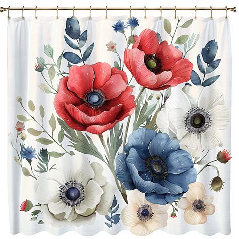 Watercolor Floral Shower Curtain With Red And Blue Anemones White