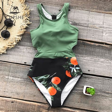 Discount Cupshe Green Miss U Print One Piece Swimsuit Women Tied Bow