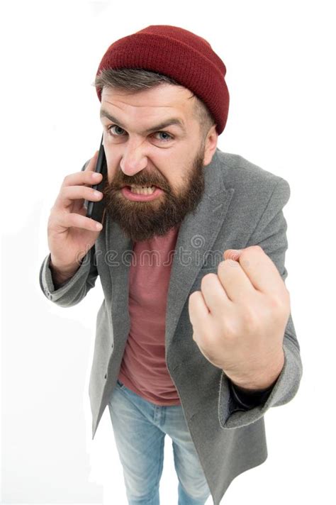 Mobile Call Concept Man Bearded Hipster Hold Mobile Phone White