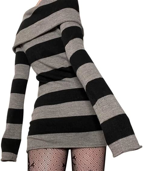 Soliloquy Women Gothic Dress Punk Off Shoulder Striped Knit