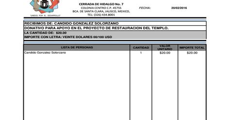 Barranca De Santa Clara Recibos De DonaciÓn Para La RestauraciÓn Del