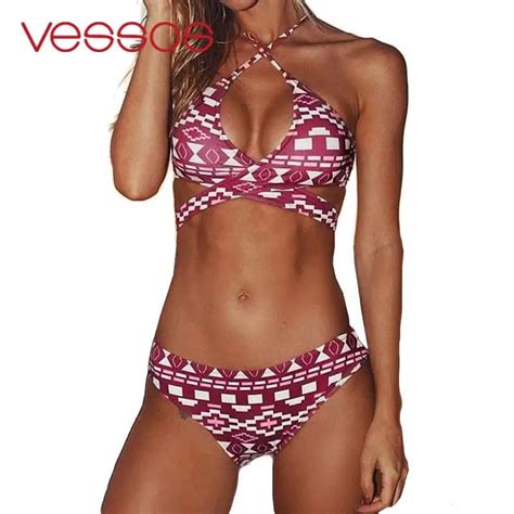 Vessos Push Up Bikini Set Cross Bandage Patchwork Women Swimwear