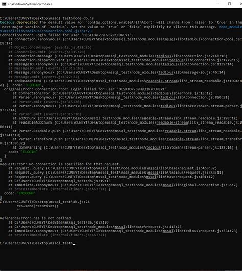 node js mssql connection login failed for user in node js stack