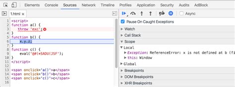 javascript how to see the exception message when pause on exceptions
