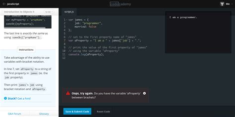 javascript js exercise on codecademy not working accessing object