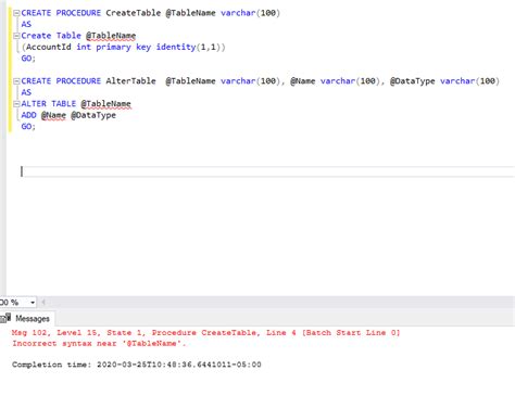 c syntax error with creating a stored procedure in sql server