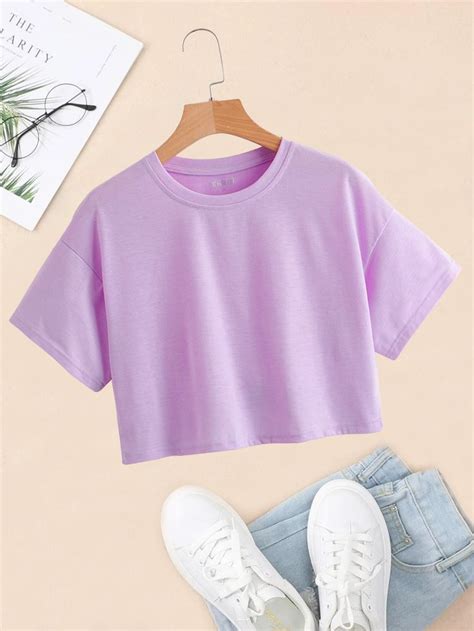 Solid Drop Shoulder Crop Tee Plain Tees Crop Top Polo Crop Tee