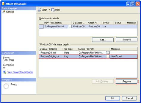 attach a sql server database with a missing transaction