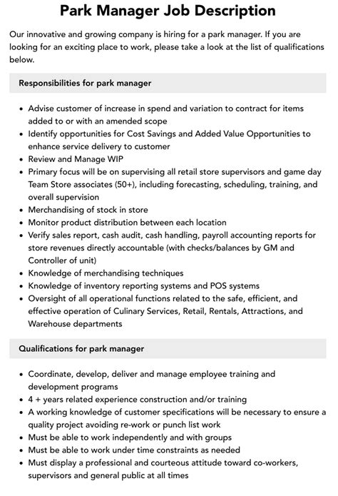 park manager job description velvet jobs