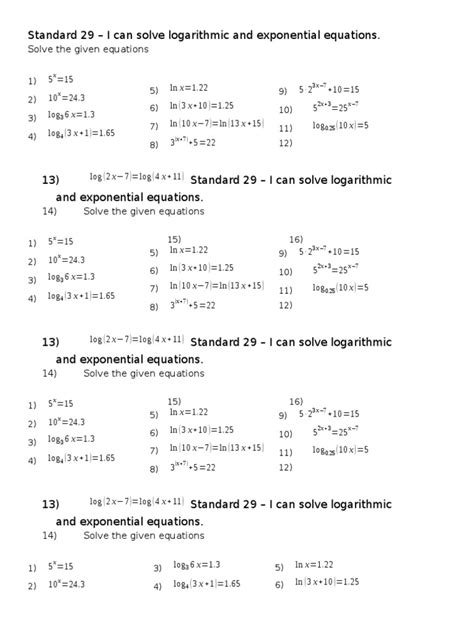 Solve Exponential And Logarithmic Equations Practice Assignment