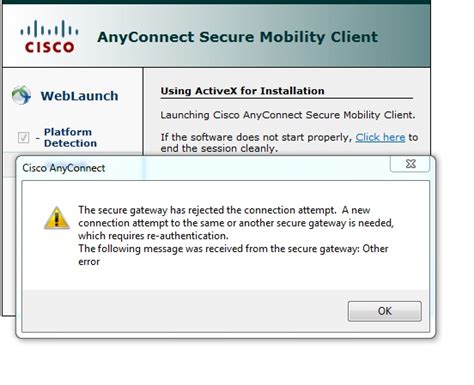 cisco anyconnect secure gateway has rejected the connection attempt