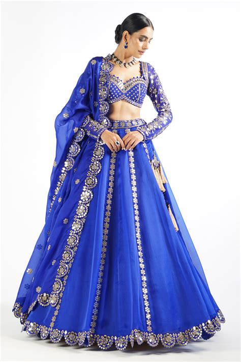 Buy Blue Lehenga And Dupatta Satin Organza Embroidered Mirror Work