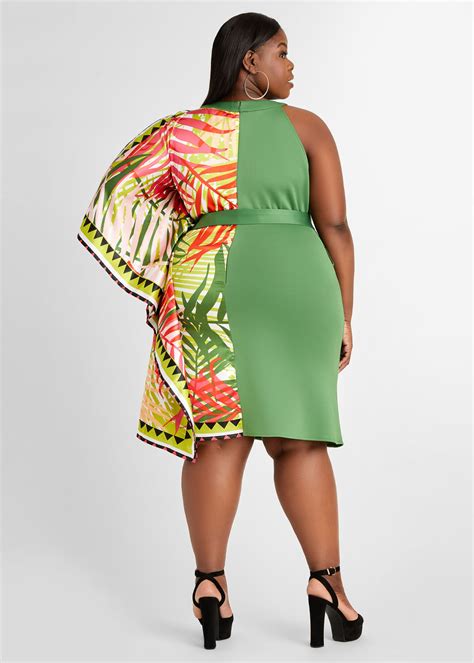 Plus Size Belted Bodycon One Shoulder Asymmetric Scarf Dress