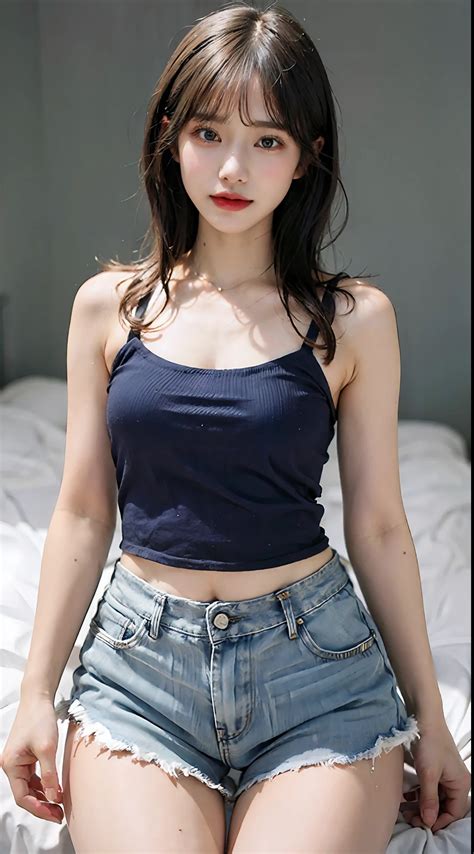 Girl Posing In White Low Cut Super Short Tank Top And Tight Denim