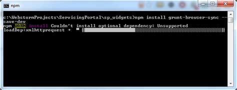 javascript error when installing grunt browser sync with npm stack