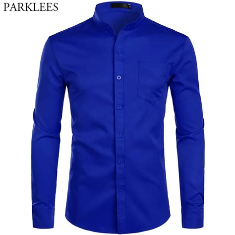 Mens Royal Blue Dress Shirts 2022 Brand Banded Mandarin Collar Shirt