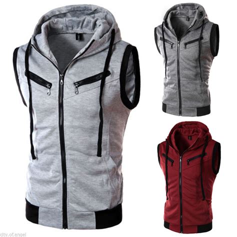 Mens Sleeveless Zip Up Gillet Hoodie Hooded Sweatshirt Jacket Hoody Top